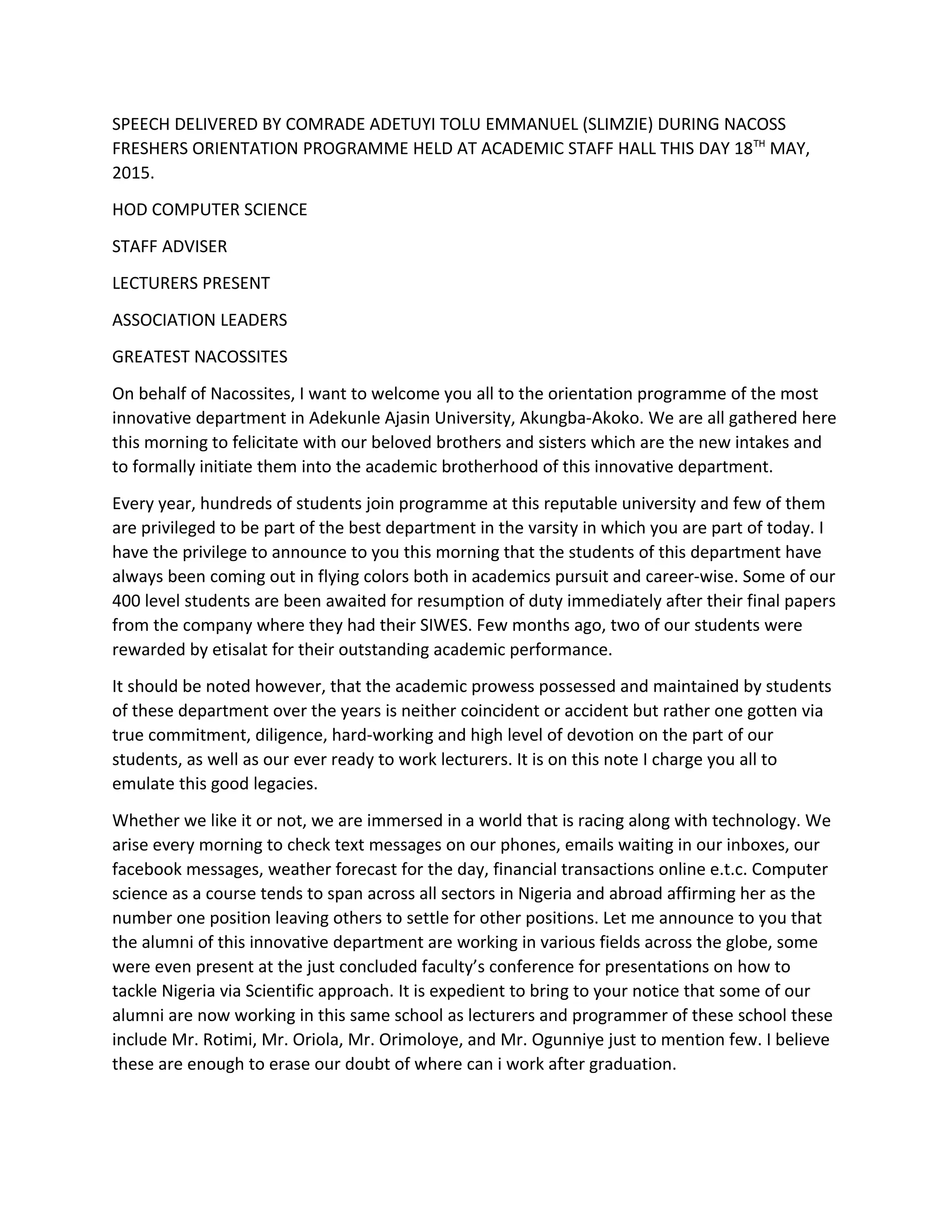 Nacoss Orientation Speech | PDF