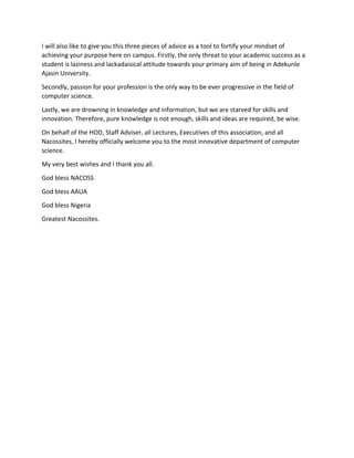 Nacoss Orientation Speech | PDF