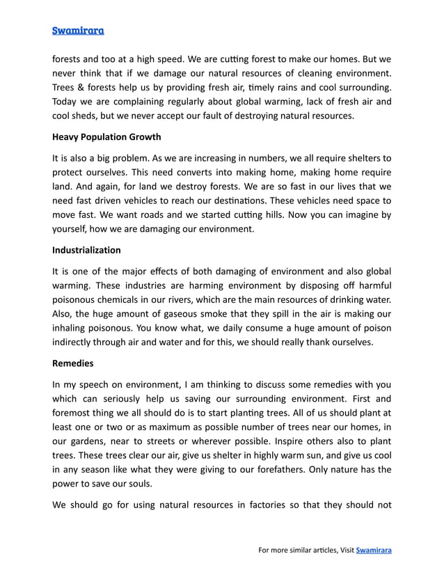 Speech On Environment - Save Environment | PDF | Environmental Services ...