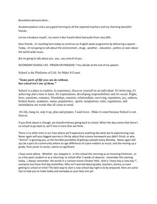 Secondary School Life, Prison or Paradise? (Public Speaking Text) | DOCX