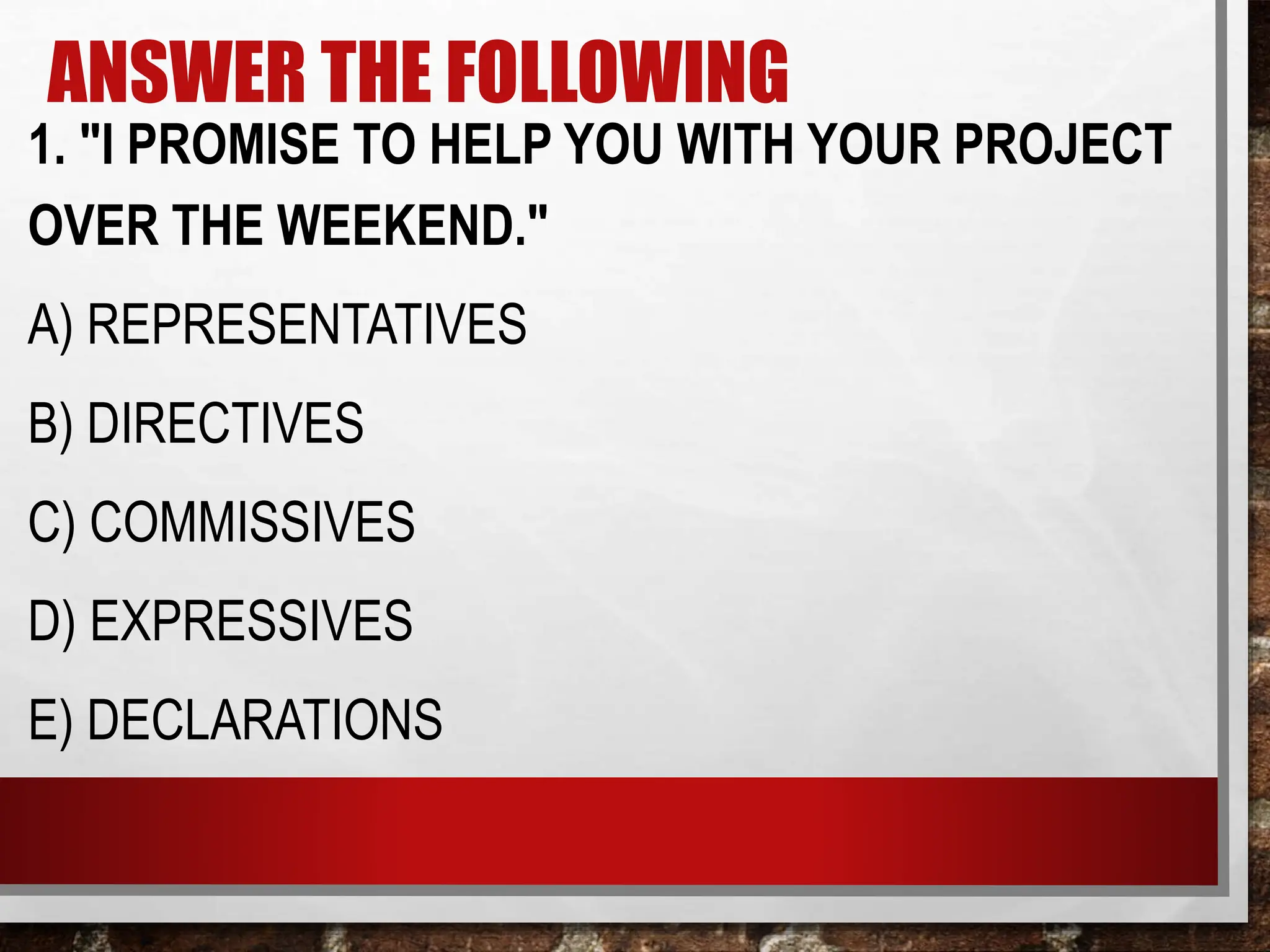 SPEECH ACT WITH EXAMPLES PRETEST AND POSTTEST.ppt