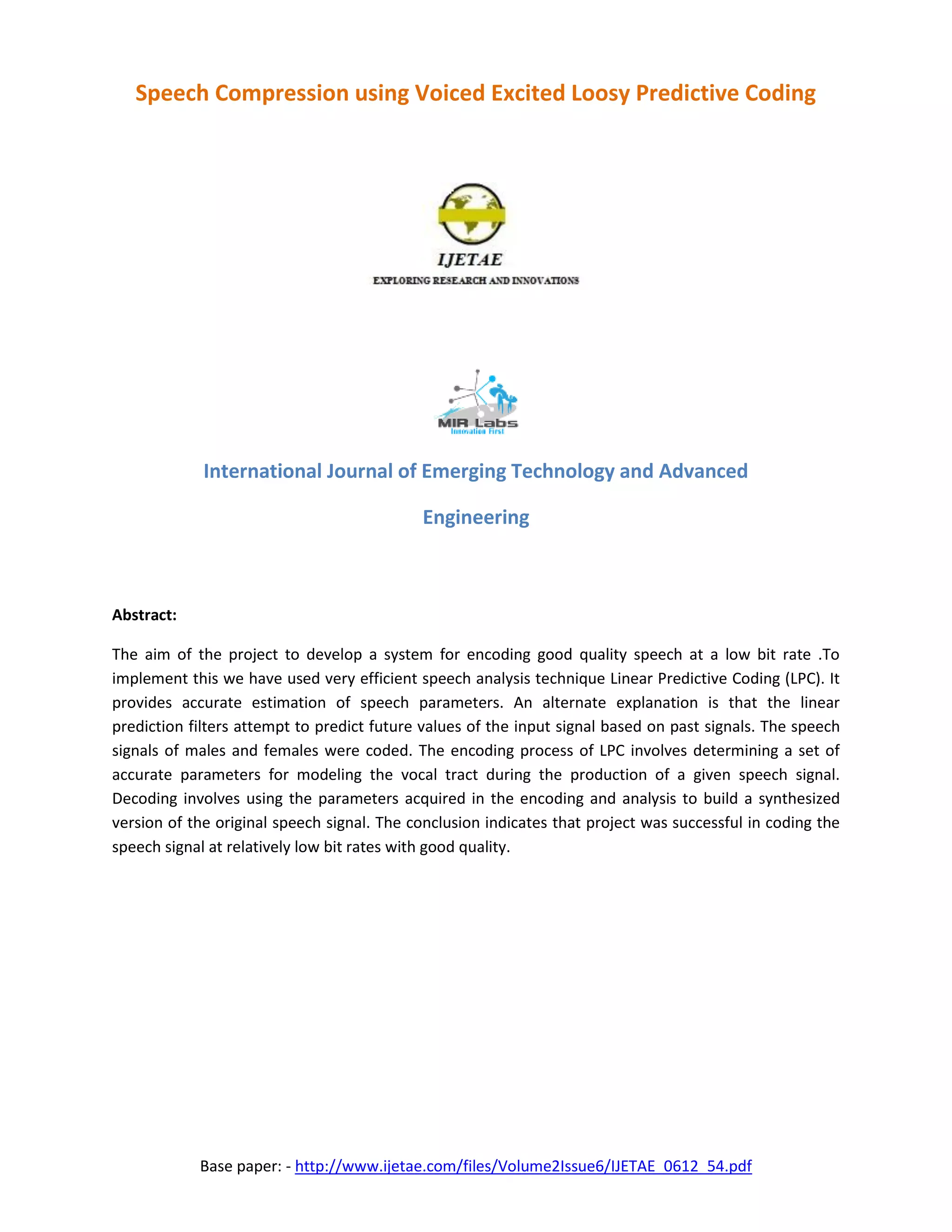 Speech compression using voiced excited loosy predictive coding (lpc) | PDF | Digital Audio ...