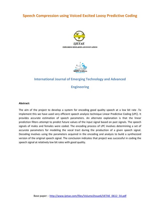 Speech compression using voiced excited loosy predictive coding (lpc) | PDF | Digital Audio ...