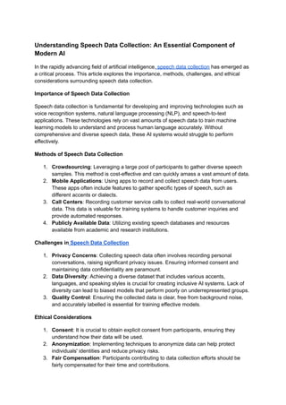 Understanding Speech Data Collection: An Essential Component of Modern AI | PDF