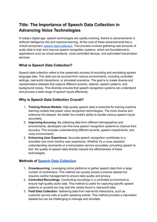The Importance of Speech Data Collection in Advancing Voice Technologies | PDF