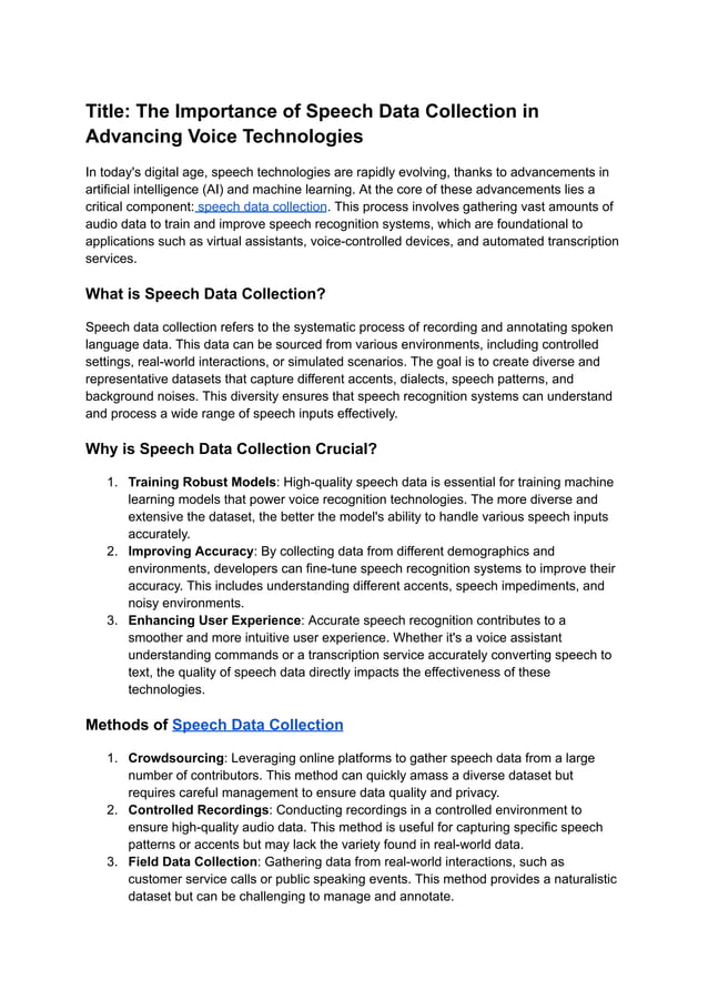 The Importance of Speech Data Collection in Advancing Voice Technologies | PDF