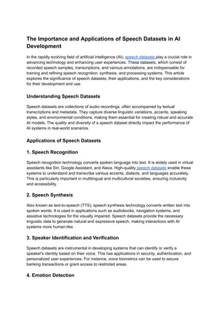 The Importance and Applications of Speech Datasets in AI Development | PDF