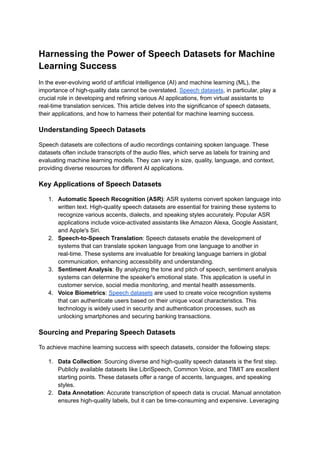 Harnessing the Power of Speech Datasets for Machine Learning Success | PDF