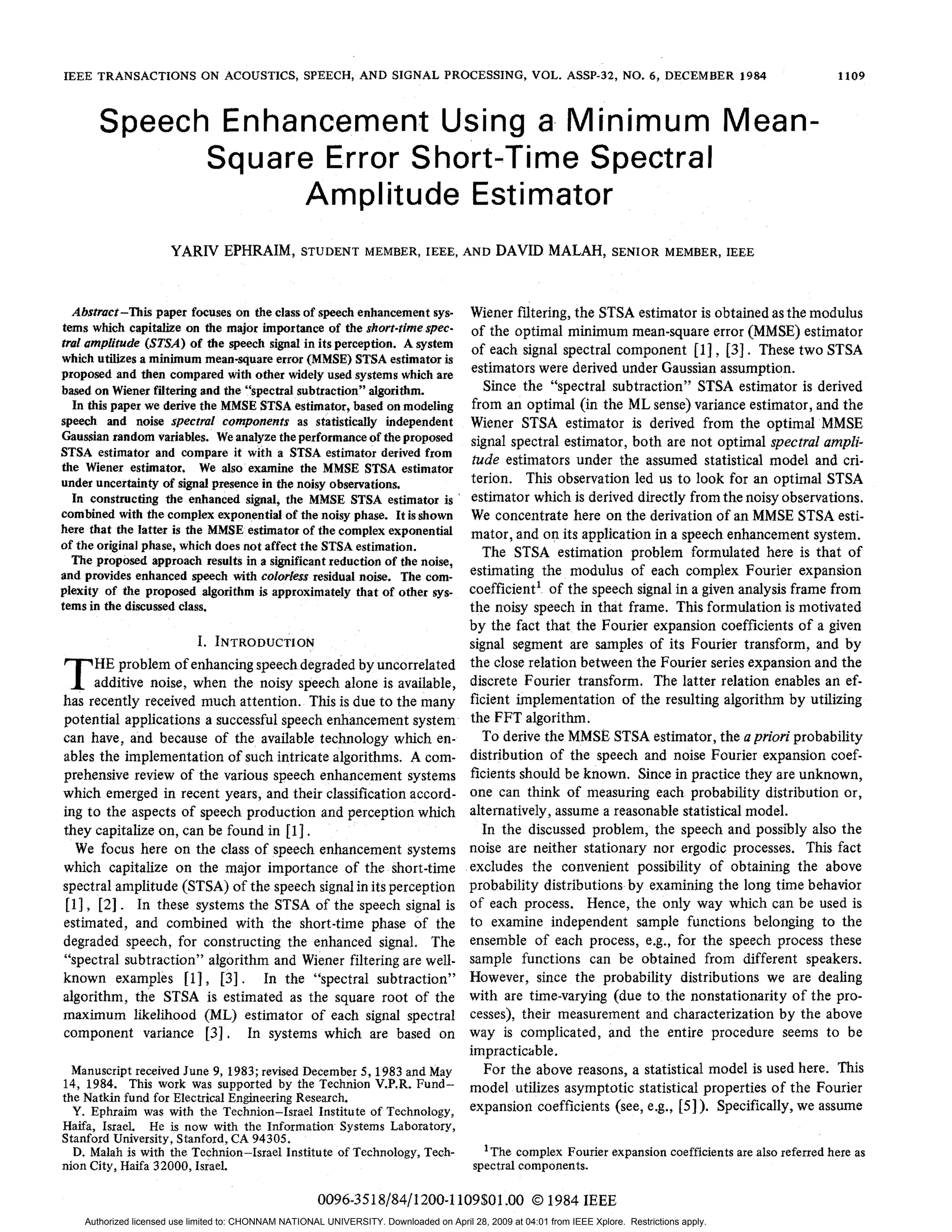 Speech Enhancement Using A Minimum Mean Square Error Short Time Spectral Amplitude Estimator ...