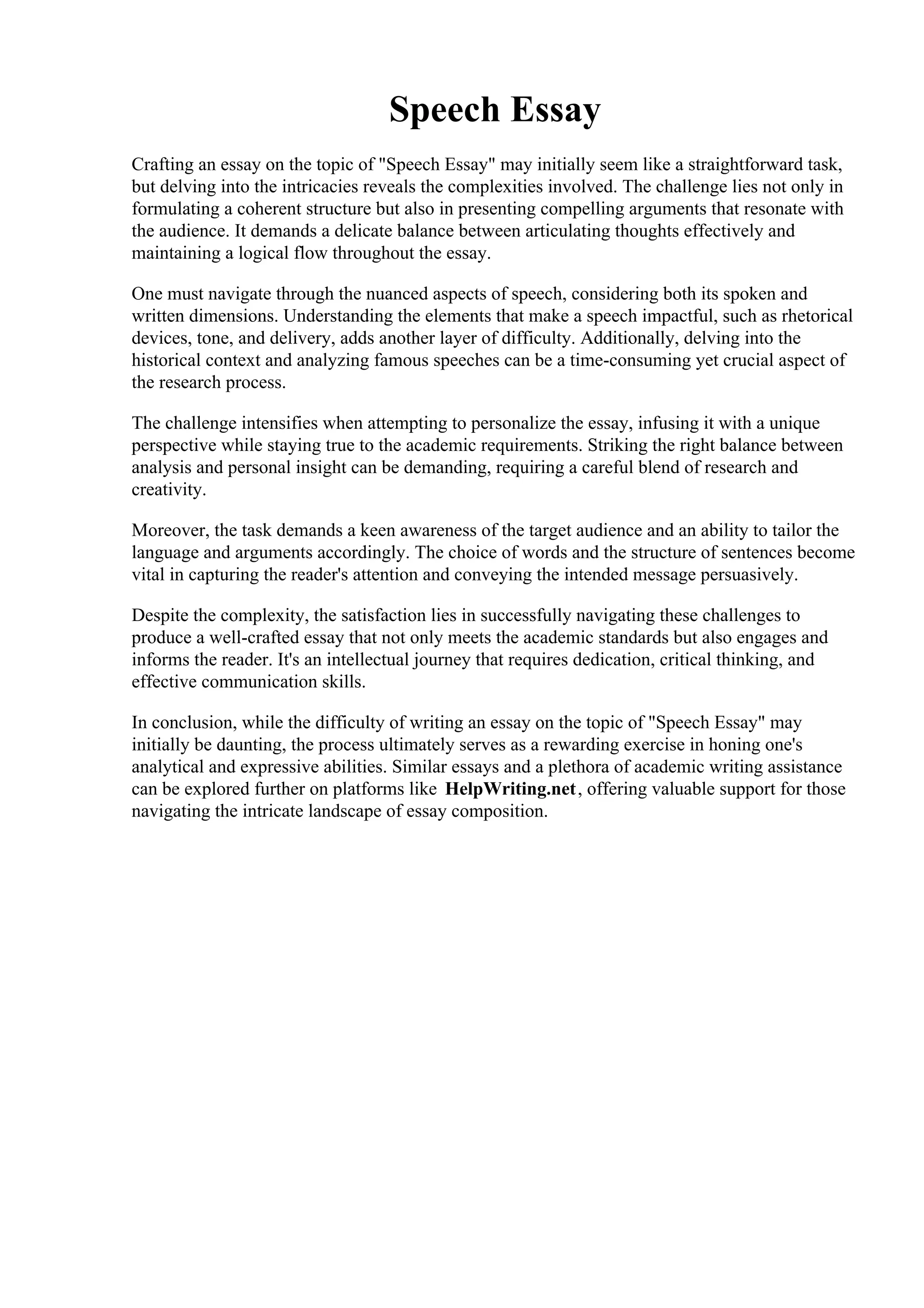 Speech Essay. Critical Essay: Speech writing examples | PDF