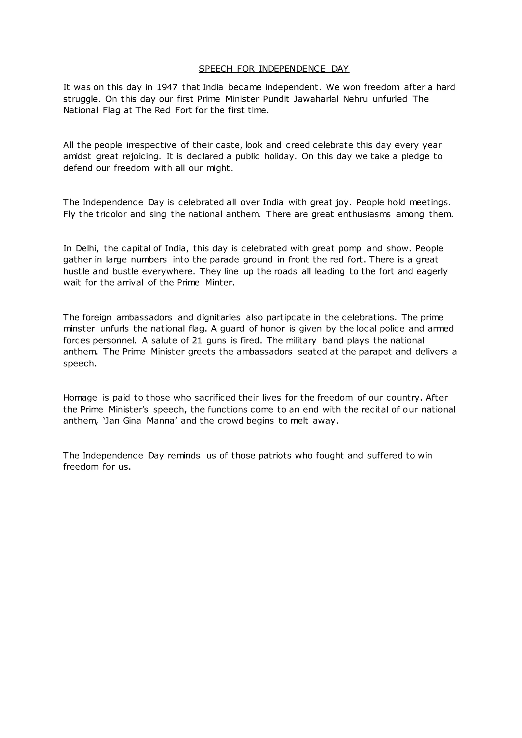 Speech for independence day | DOCX