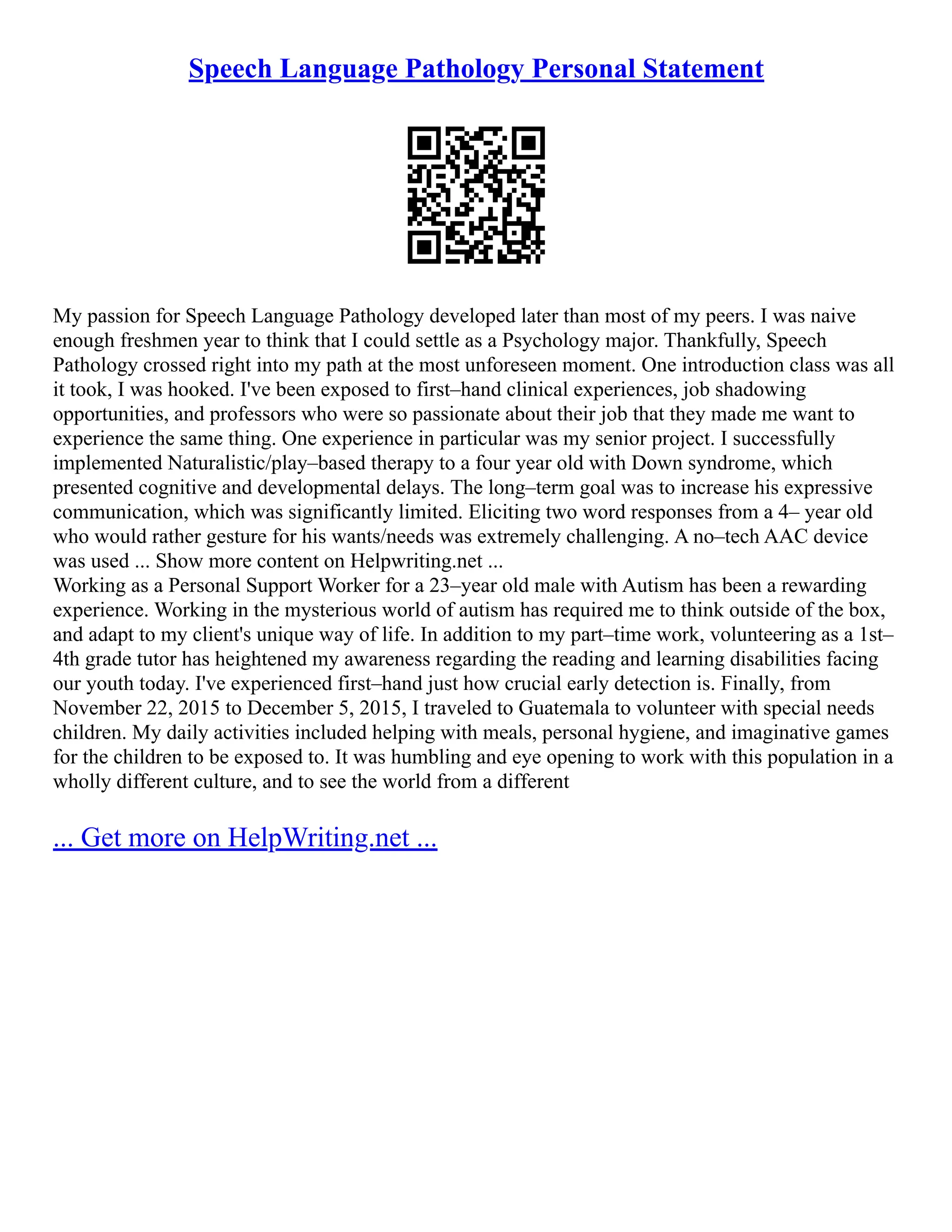 Speech Language Pathology Personal Statement | PDF