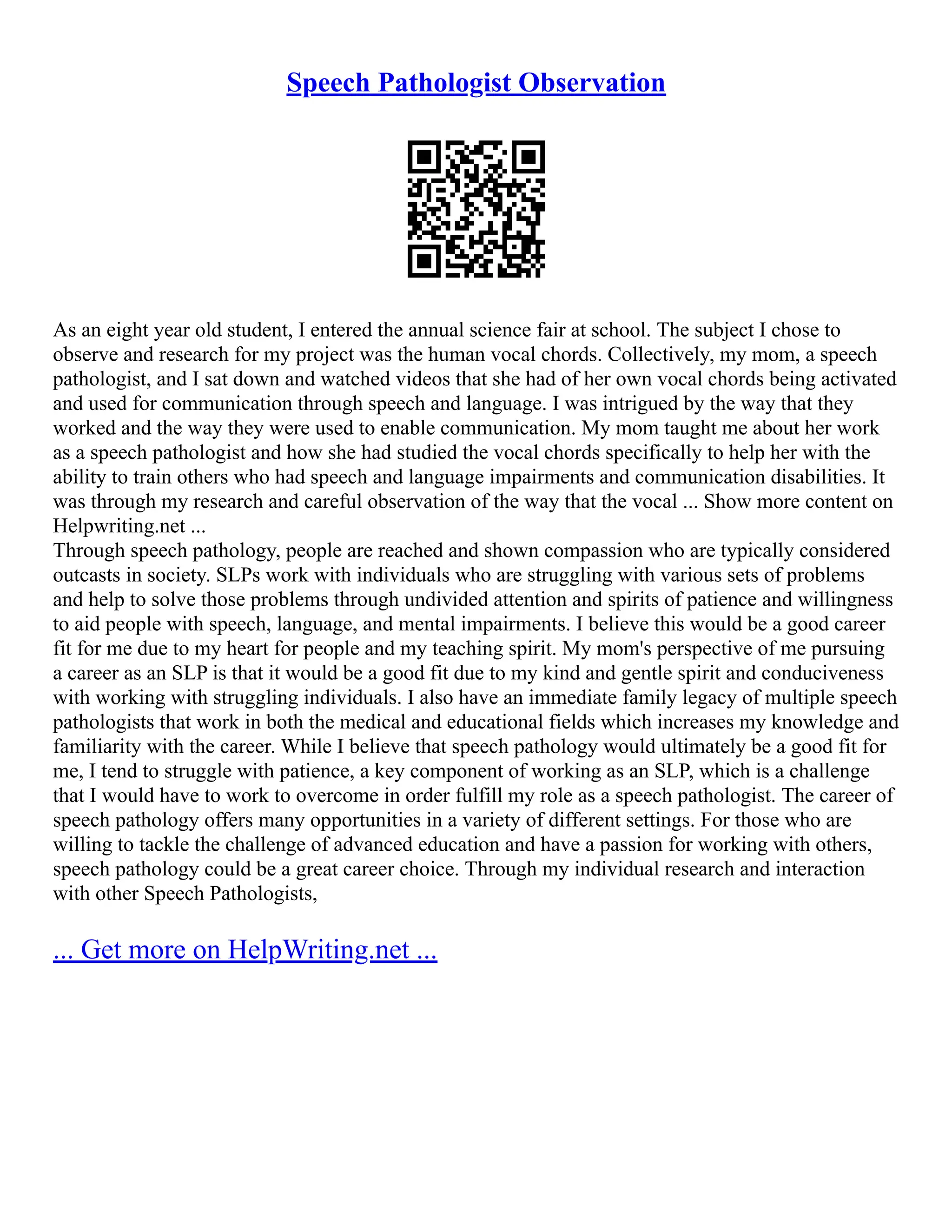 Speech Language Pathology Personal Statement | PDF