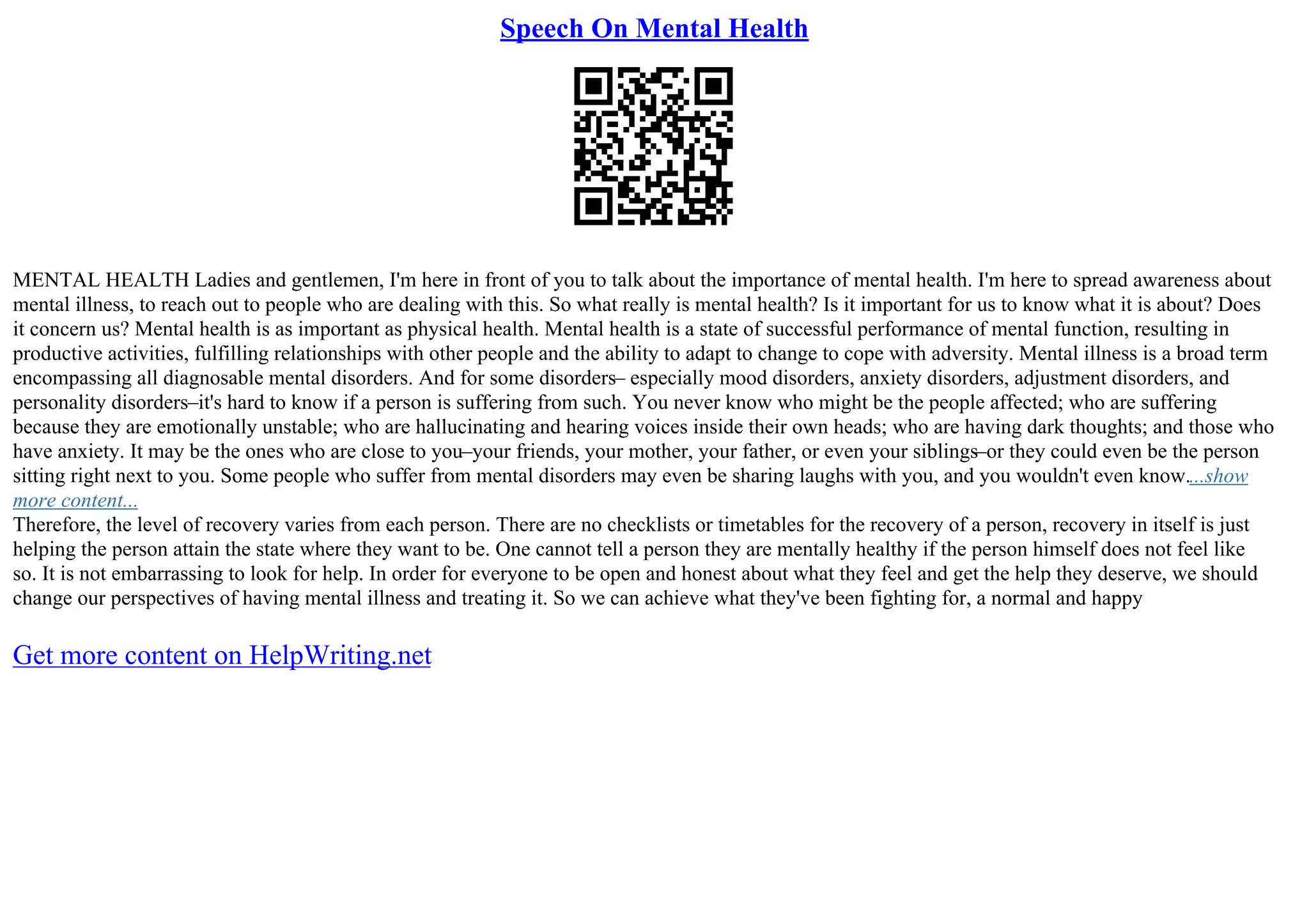 Mental Health Awareness Speech