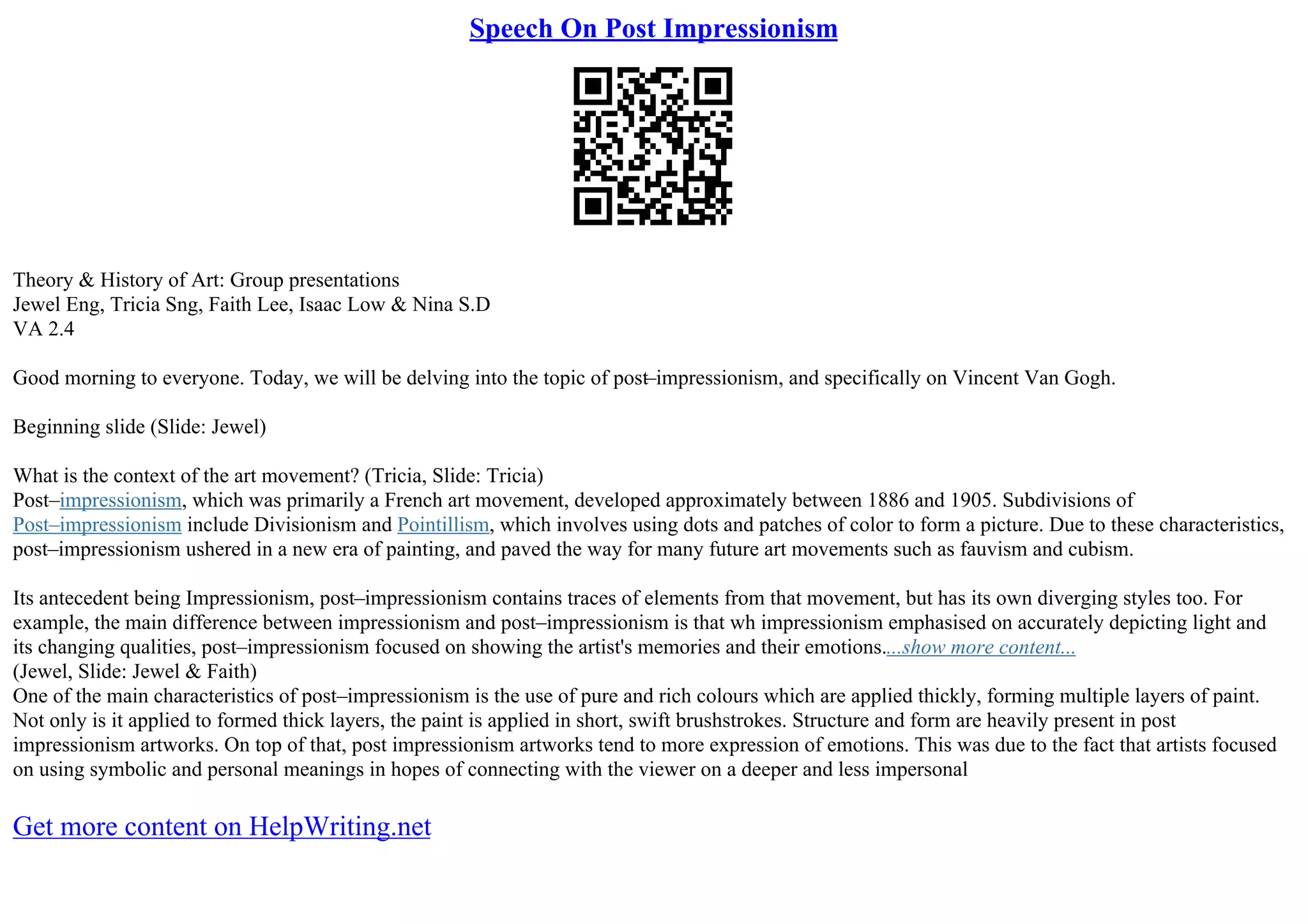 Speech On Post Impressionism | PDF