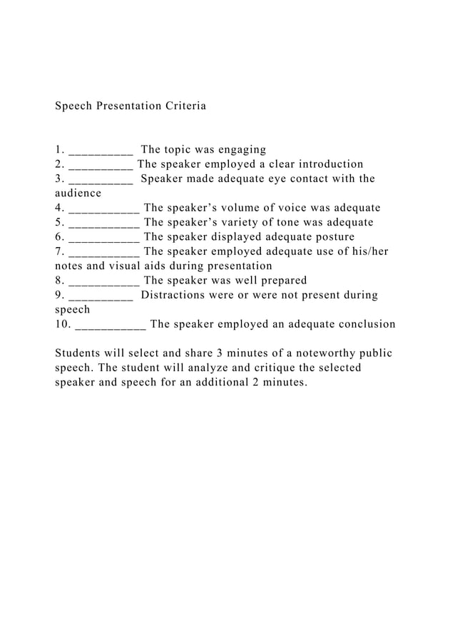 Speech Presentation Criteria1. __________ The topic was e.docx