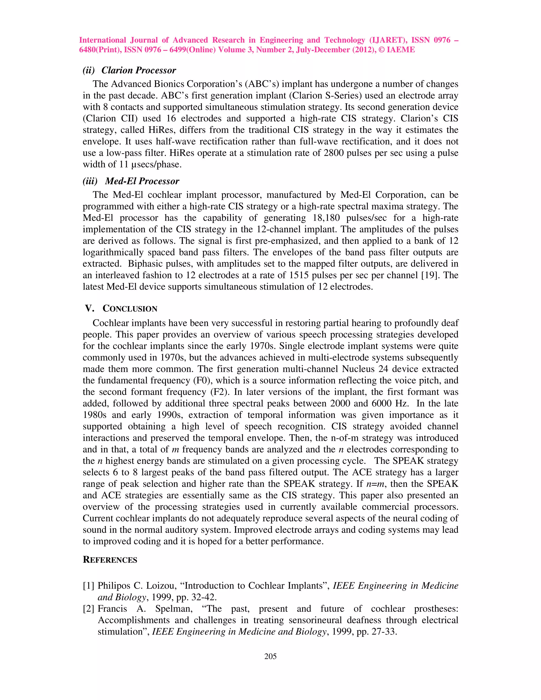 Speech processing strategies for cochlear prostheses | PDF
