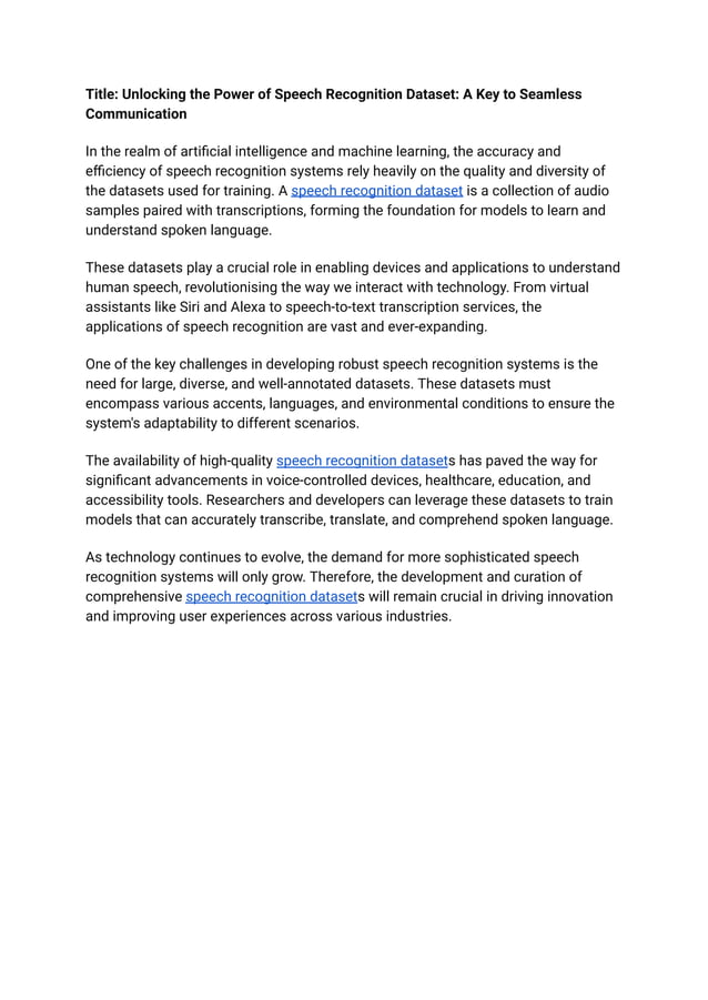 Unlocking the Power of Speech Recognition Dataset: A Key to Seamless Communication | PDF
