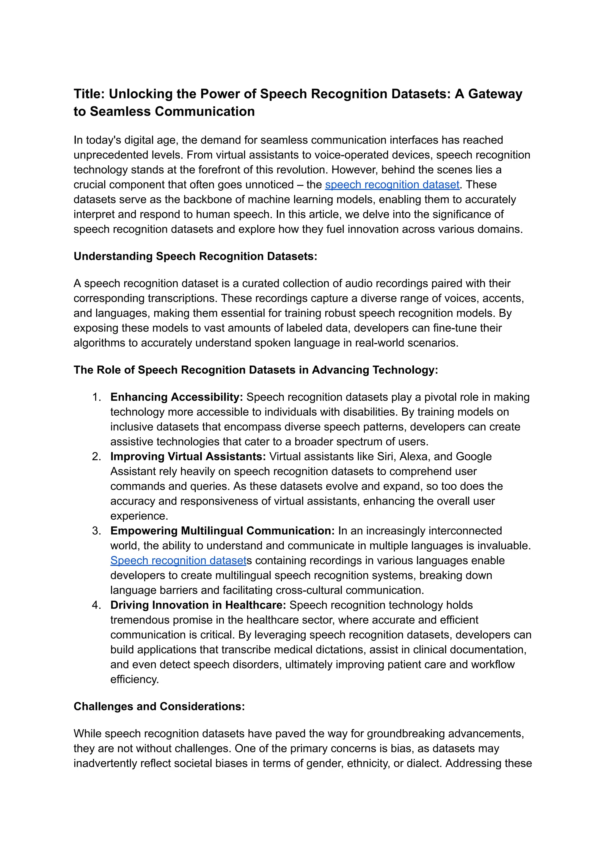 Unlocking the Power of Speech Recognition Datasets: A Gateway to Seamless Communication | PDF