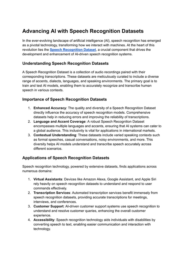 Advancing AI with Speech Recognition Datasets | PDF
