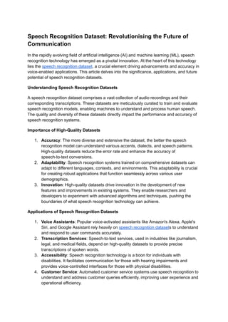 Speech Recognition Dataset: Revolutionising the Future of Communication | PDF