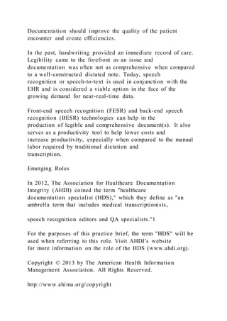 Speech Recognition in the Electronic Health Record (2013 u | DOCX ...