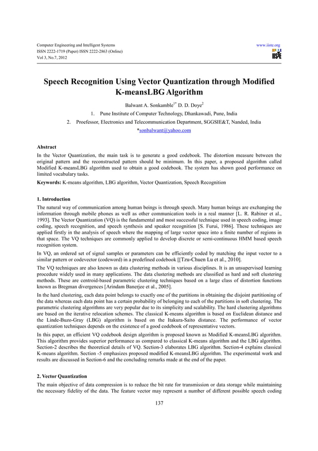 Speech recognition using vector quantization through modified k means lbg algorithm | PDF ...