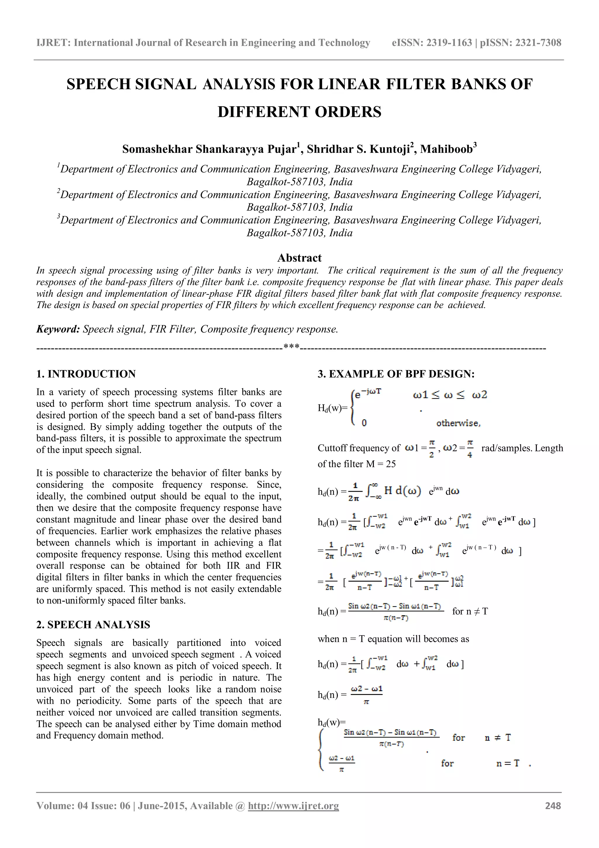 Speech signal analysis for linear filter banks of different orders | PDF