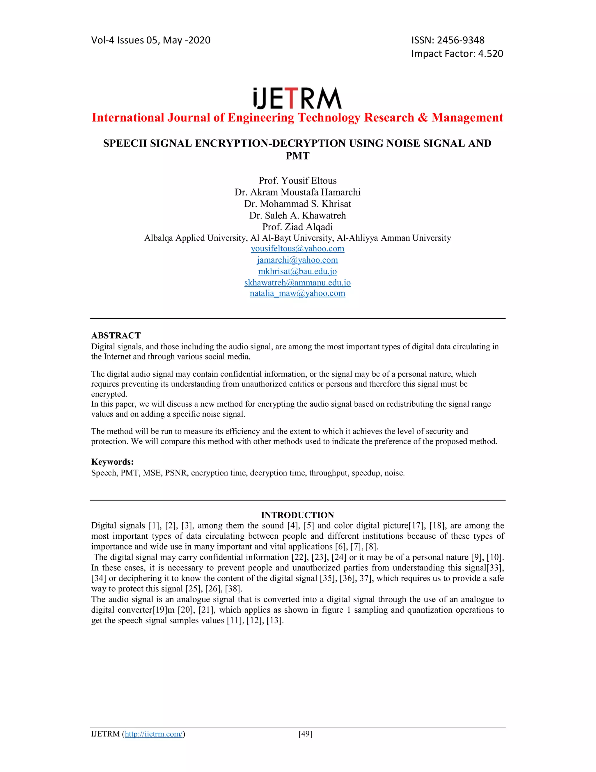 Speech signal encryption decryption using noise signal and | PDF