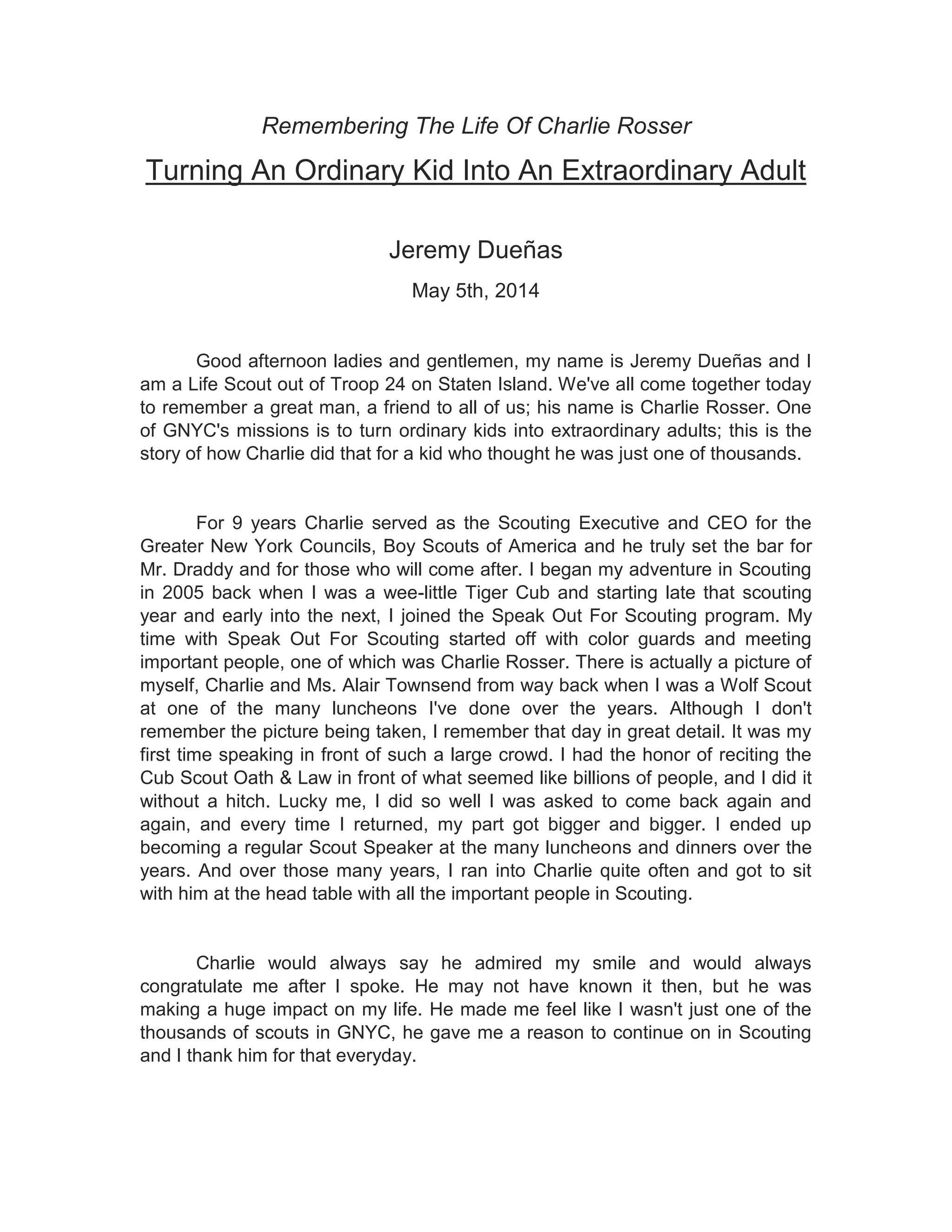 NYC Scout Jeremy Speech About Retired Scout Executive Charlie Rosser | DOCX