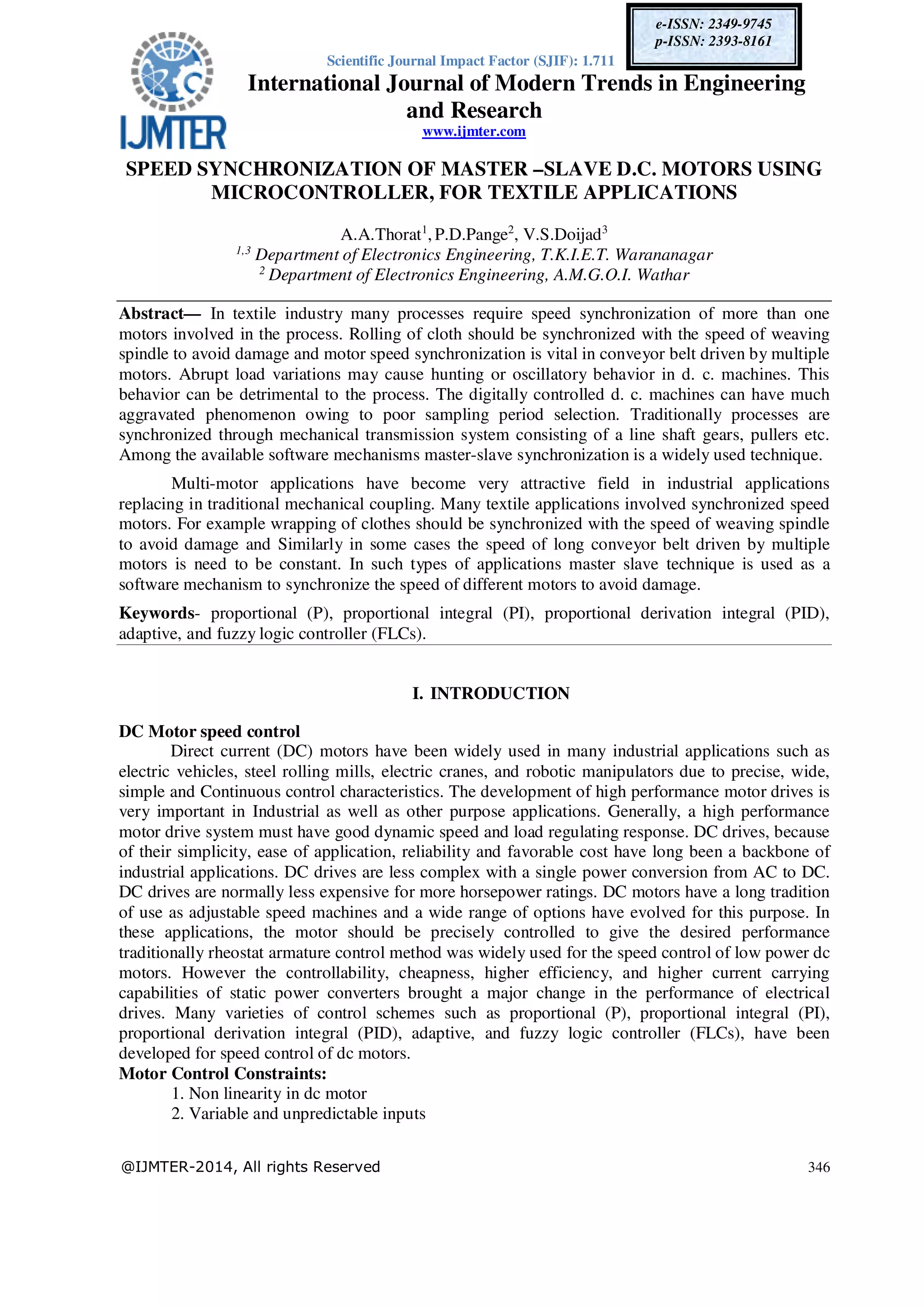 SPEED SYNCHRONIZATION OF MASTER –SLAVE D.C. MOTORS USING MICROCONTROLLER, FOR TEXTILE ...