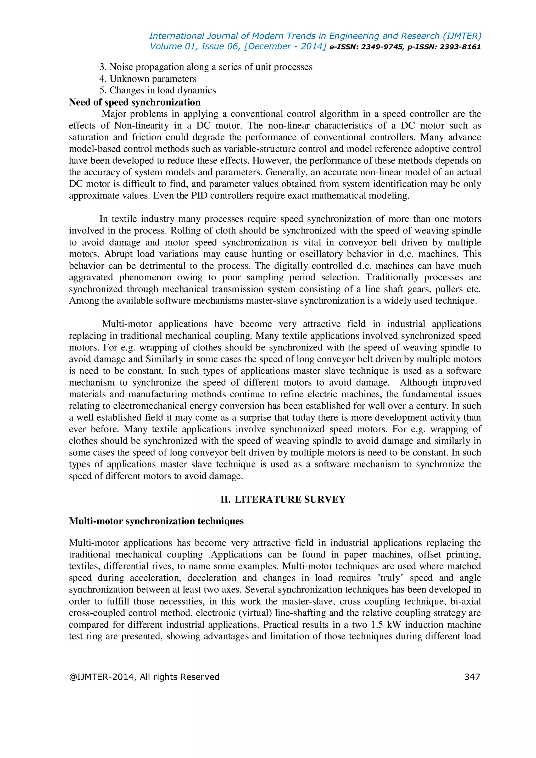 SPEED SYNCHRONIZATION OF MASTER –SLAVE D.C. MOTORS USING MICROCONTROLLER, FOR TEXTILE ...