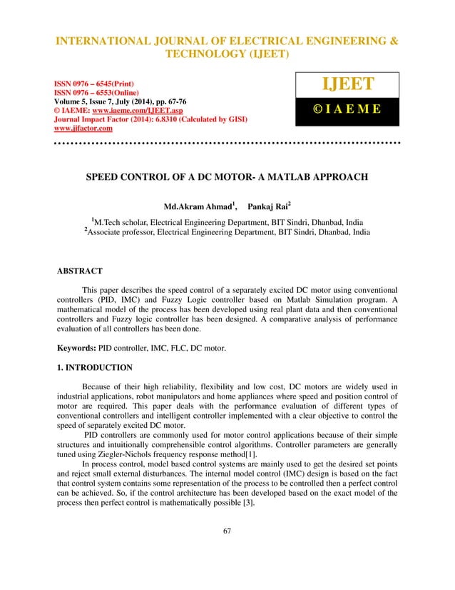 Speed control of a dc motor a matlab approach | PDF