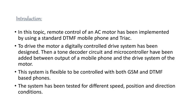 Triac based Speed control of an ac motor using DTMF technique | PPT