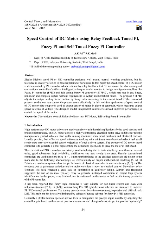 Speed control of dc motor using relay feedback tuned pi | PDF