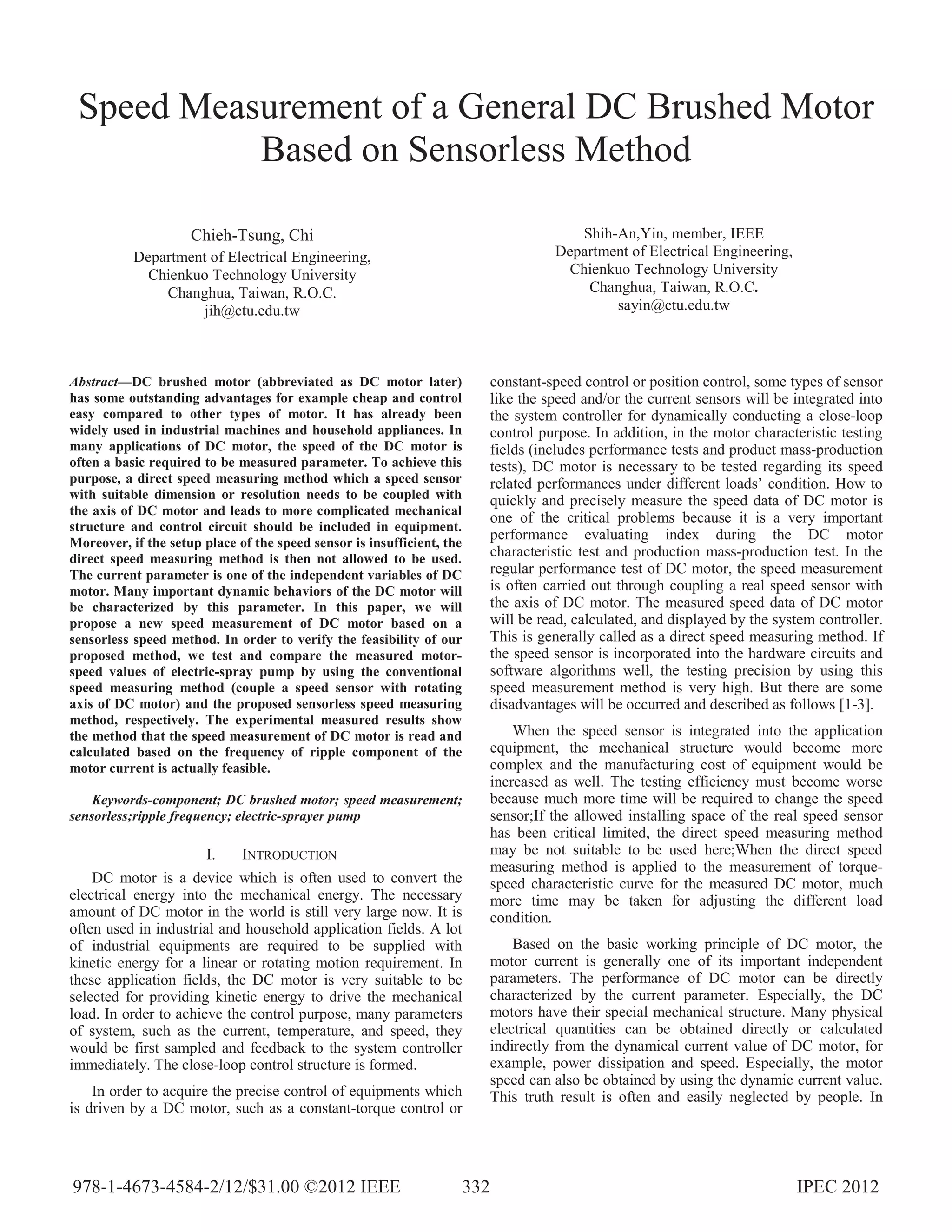 Speed measurement of a general dc brushed motor based on sensorless ...