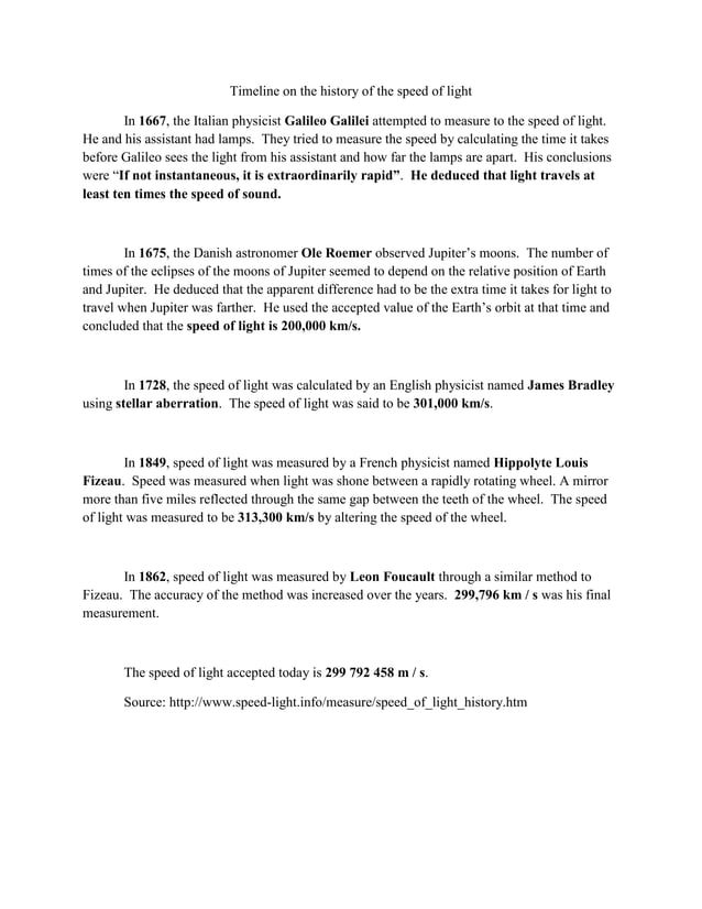 Speed of Light Timeline | PDF
