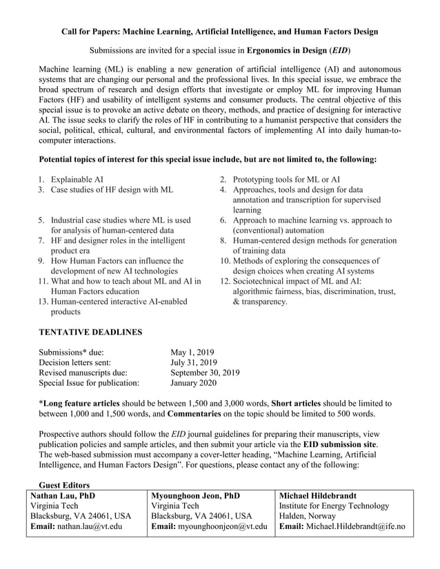 Special Issue: Call for papers - Machine Learning, Artificial Intelligence, and Human Factors ...