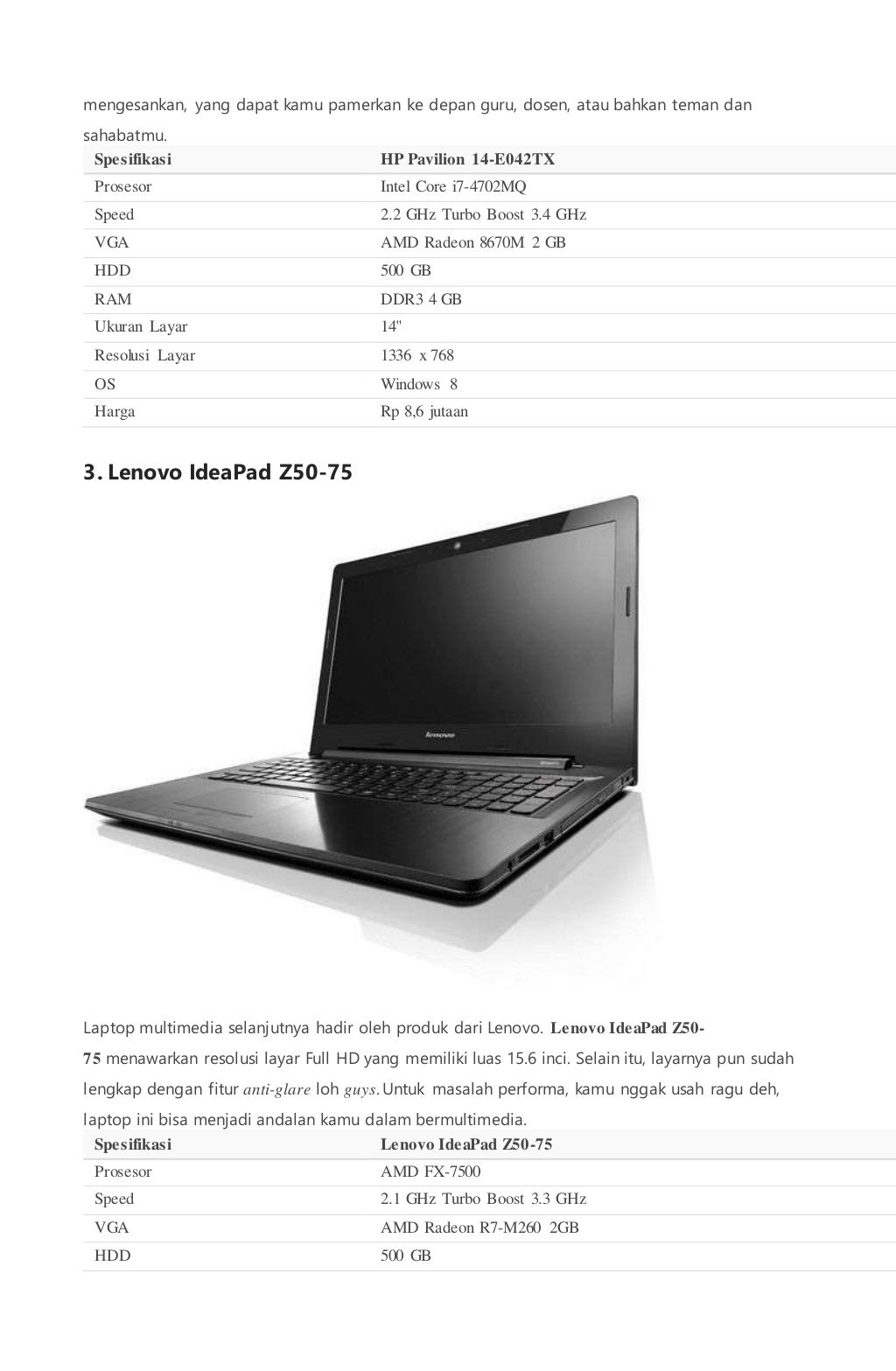 Spek laptop unt smk multi media