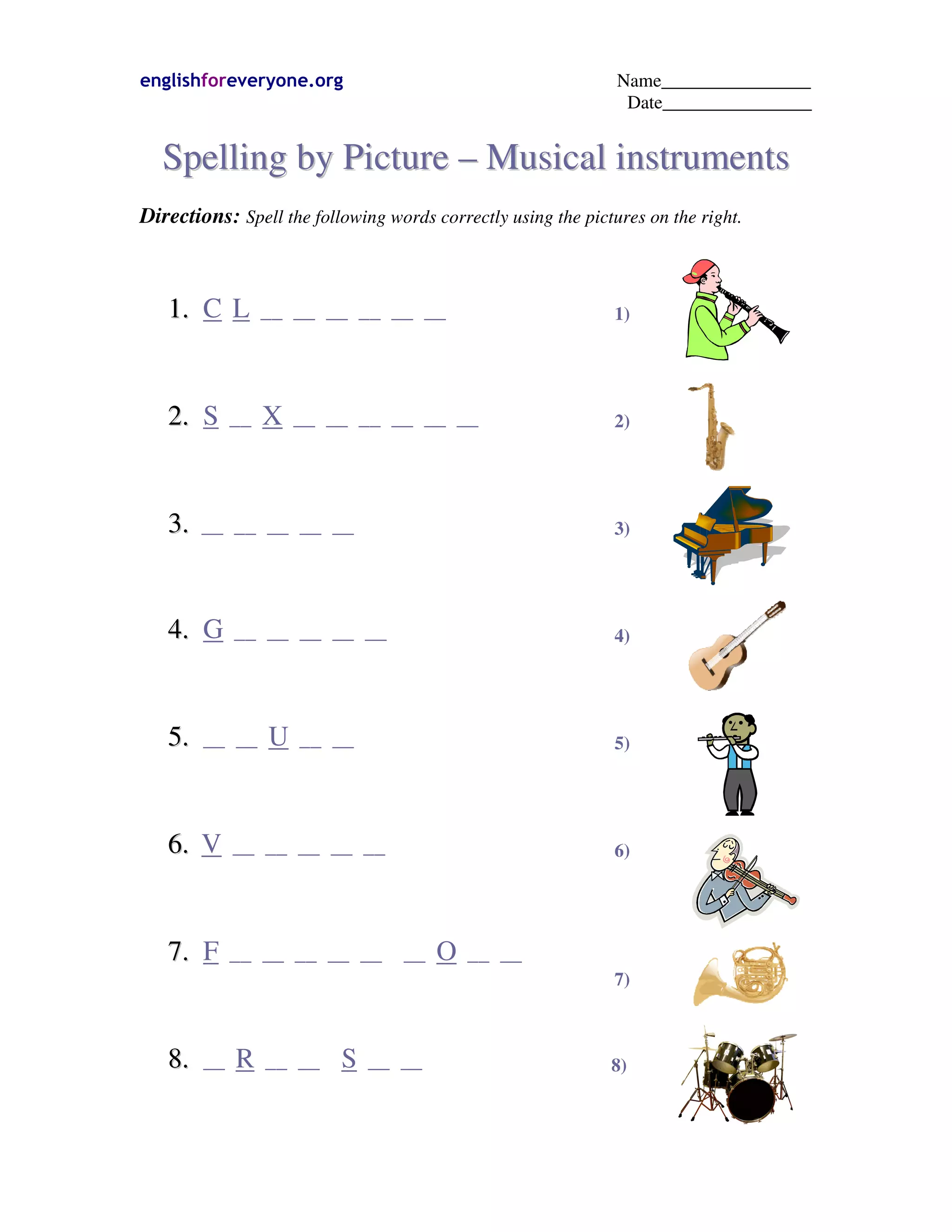 Spelling by picture musical instruments | PDF