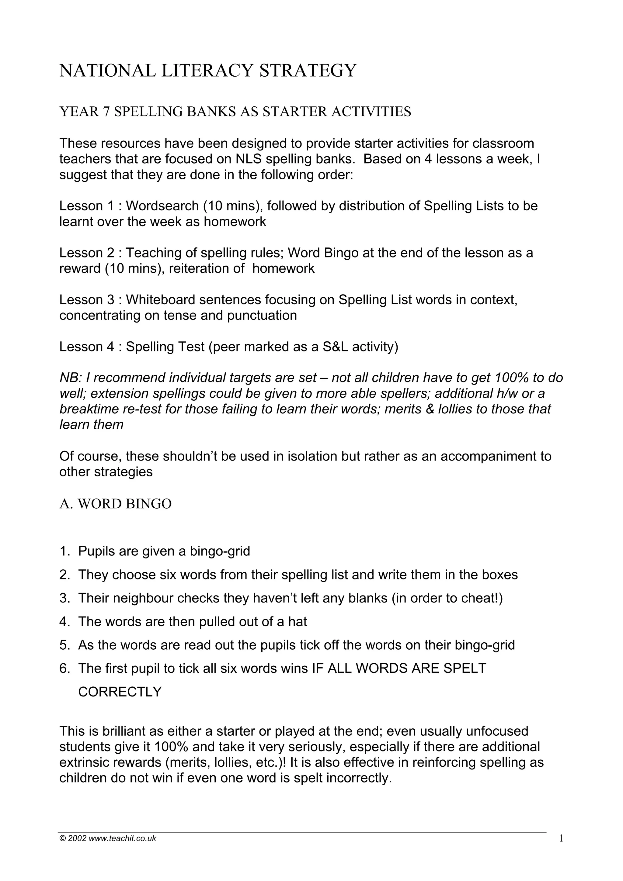 Spelling Bank Bingo | PDF
