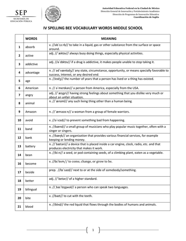 Spelling bee 2017 middle school | PDF