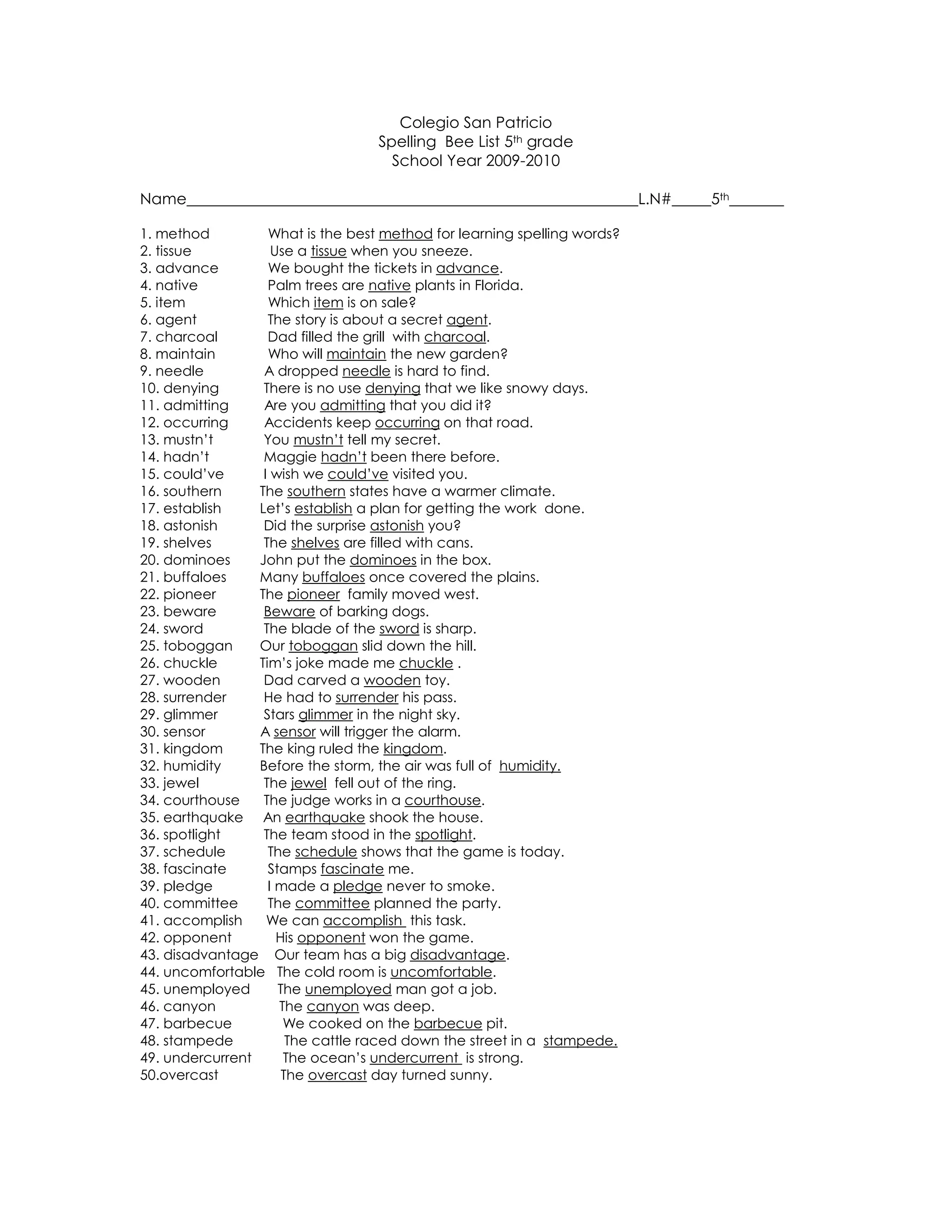 Spelling Bee 5th Grade | PDF
