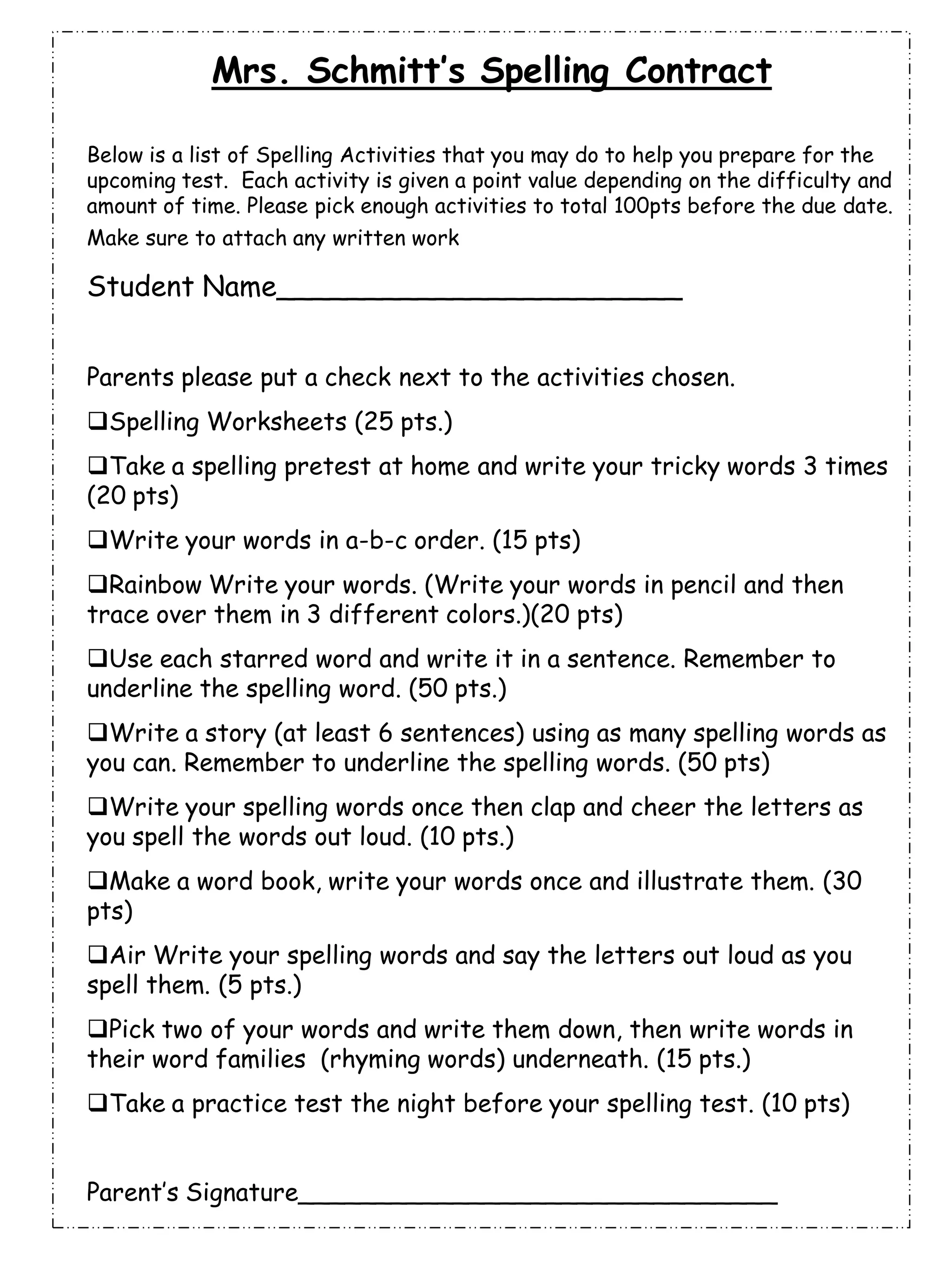 Spelling contract | PDF | Homework and Study | Education