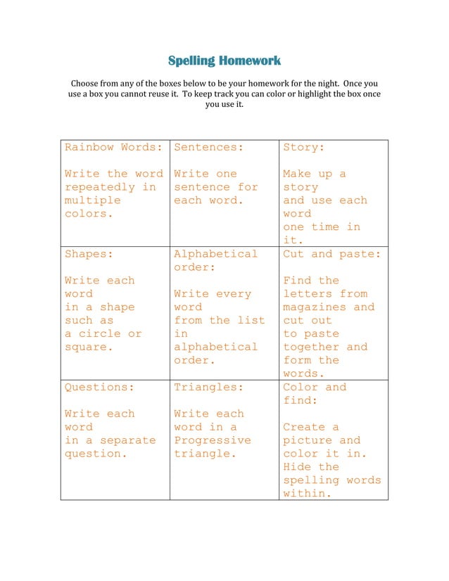 Spelling homework | DOCX