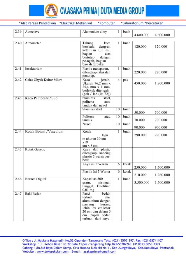 SPESIFIKASI PERALATAN LABORATORIUM BIOLOGI SMA 2023 | PDF
