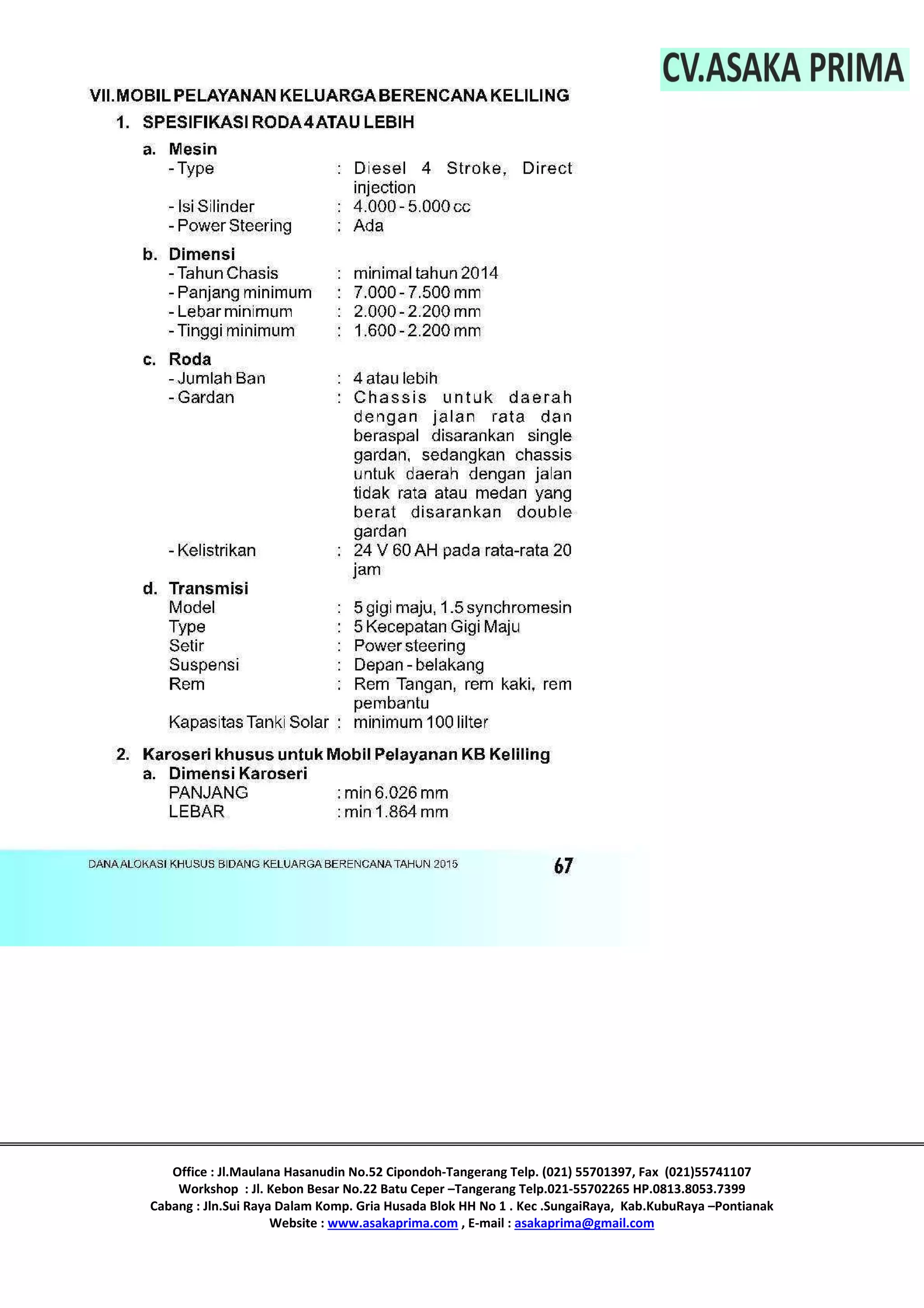Spesifikasi mobil unit pelayanan kb dak bkkbn 2015 | PDF