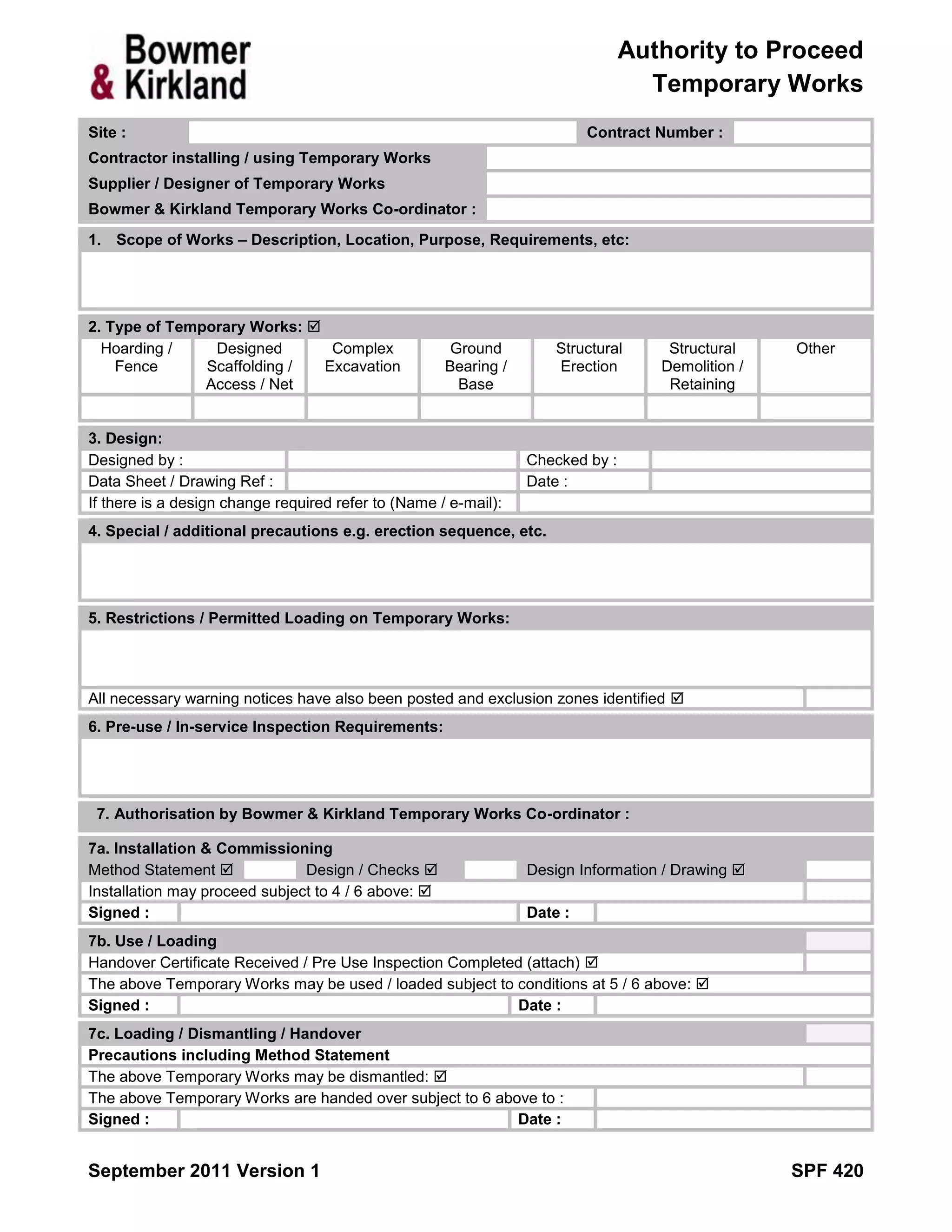 Spf 420 Authority To Proceed Temporary Works | DOCX