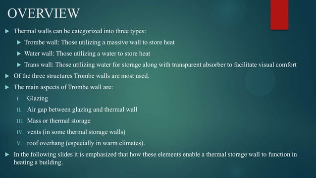 Solar thermal walls (Trombe ,water and trans walls) | PPTX