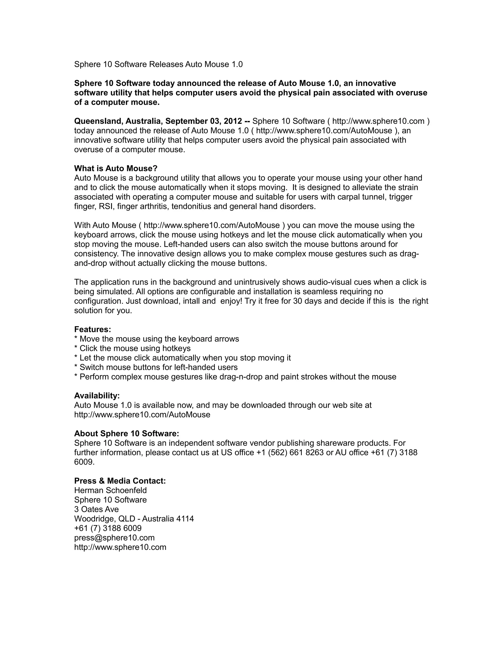 Sphere 10 Software Releases Auto Mouse 1.0 | RTF